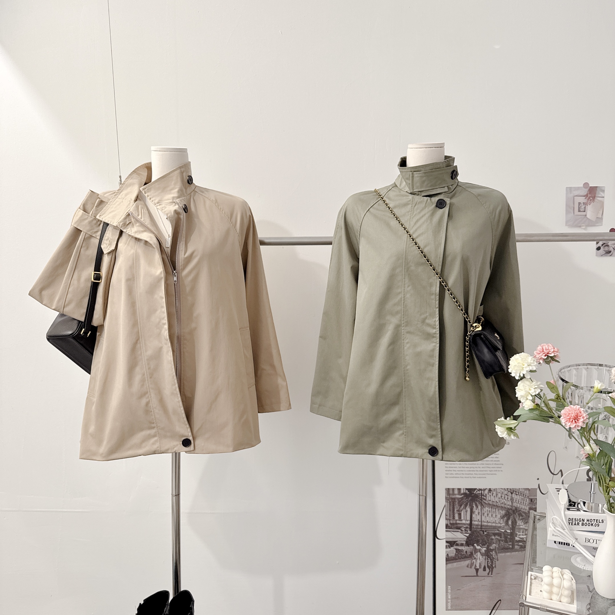 이프유마인 페미닌하객룩 봄 차이나 케이프 트렌치 바바리 오버핏 루즈핏 하이넥 셔츠 카라 포켓 버튼 벌룬 퍼프 A라인 플레어 긴팔 하프 숏 코트 자켓 야상 점퍼