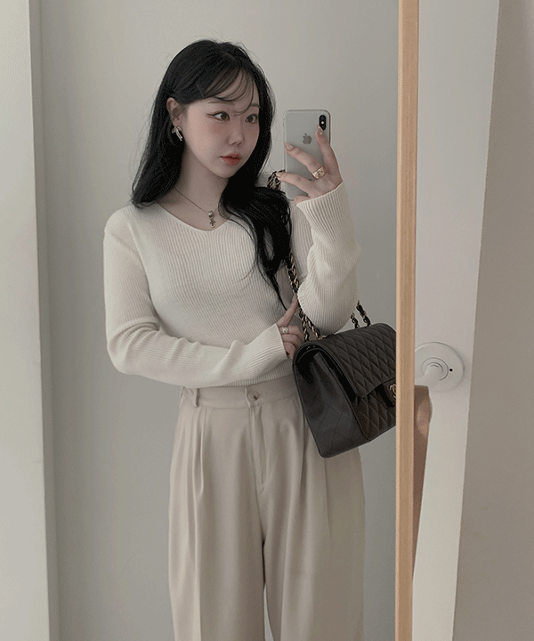 하비언니 #13116 [타이SET] 쫀쫀스판 브이넥 슬림핏 스판 골지 머플러 긴팔 니트t : 4color