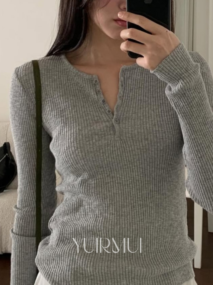 유이르무이 JINSIM 진심 리에 코튼 모달 골지 버튼 라운드 티셔츠 5color