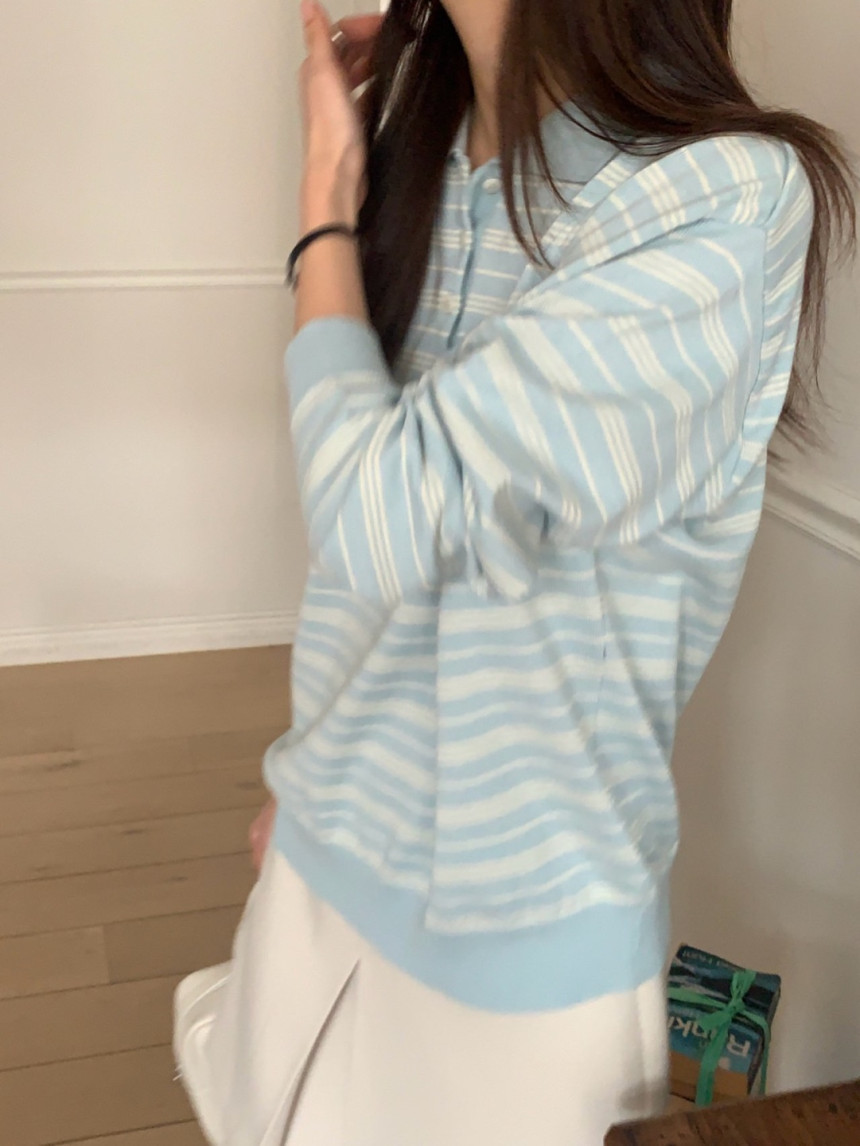 한시오분 베이킹파우더 해린 카라 단가라 니트 코튼 긴팔 기본핏 데일리 캐주얼 스트라이프 nt 3color