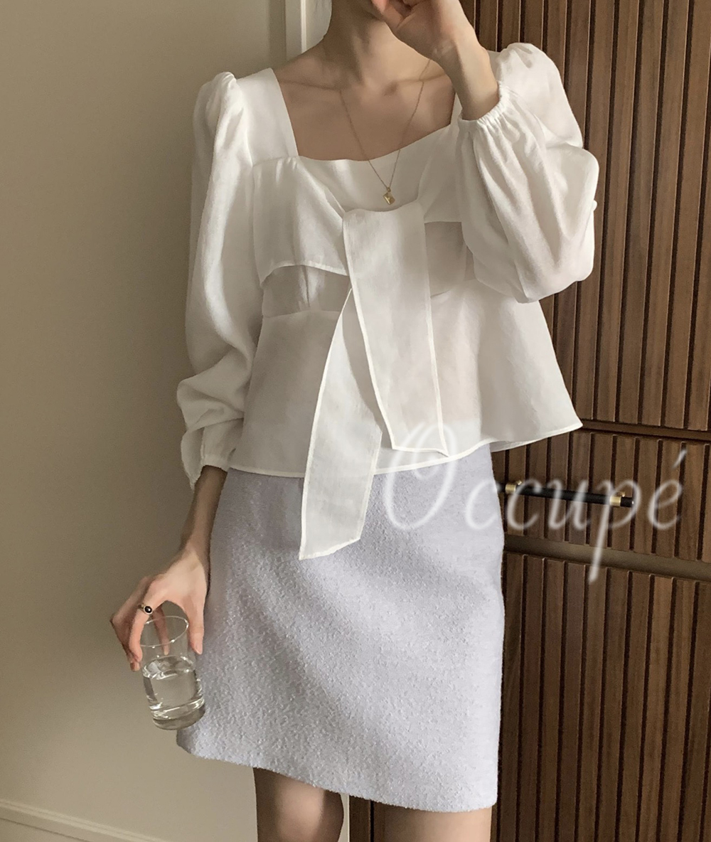 오큐페 플러터 위드 리본 블라우스 (3col) flutter 봄 하객룩