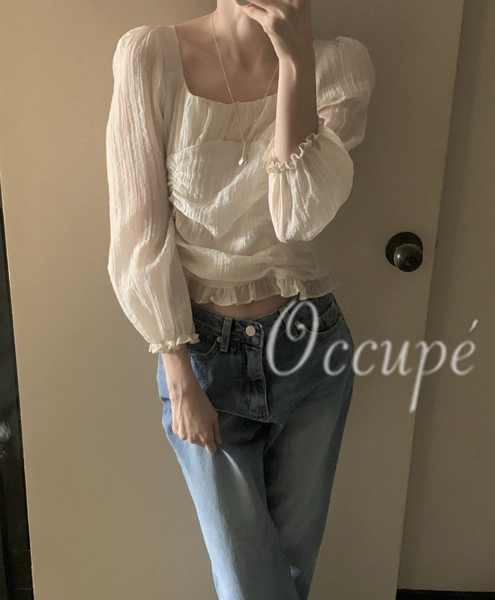 오큐페 플러터 스키니 블라우스 (3col) flutter 셔링 레이스블라우스