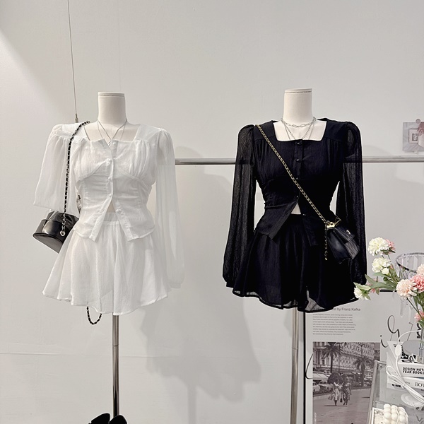 이프유마인 블라우스스커트set페미닌 봄 라펠 쉬폰 시스루 스퀘어넥 벌룬 퍼프 셔링 프릴 긴팔 크롭 블라우스 밴딩 A라인 플레어 주름 플리츠 캉캉 미니 스커트 치마