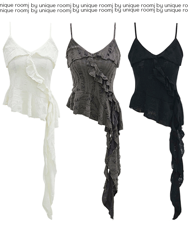 룸제이 유니크🖤빈티지y2k힙한보헤미안그런지룩끈나시여리핏이너레이어드 더스트 브이넥 데미지 사선 언발 프릴 레이스 롱 나시티셔츠 민소매 블라우스 슬리브리스