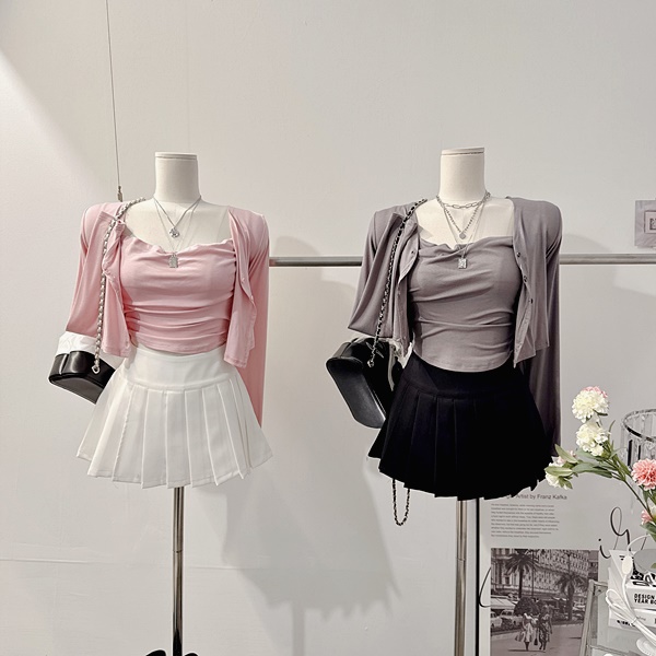 이프유마인 나시가디건set페미닌 봄 베이글 섹시 글램 슬림 긴팔 크롭 볼레로 가디건 언발 사선 셔링 드레이프 스퀘어넥 튜브탑 슬립 뷔스티에 나시 티셔츠 투피스