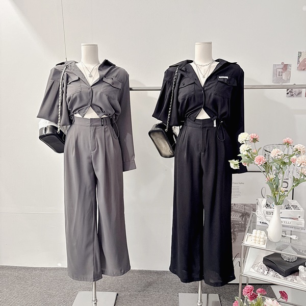 이프유마인 셔츠팬츠set페미닌 가을 레이블리 투웨이 패치 라벨 카라 포켓 버튼 스트링 오버핏 슬림핏 긴팔 크롭 셔츠 자켓 하이웨스트 핀턱 와이드 팬츠 투피스 세트