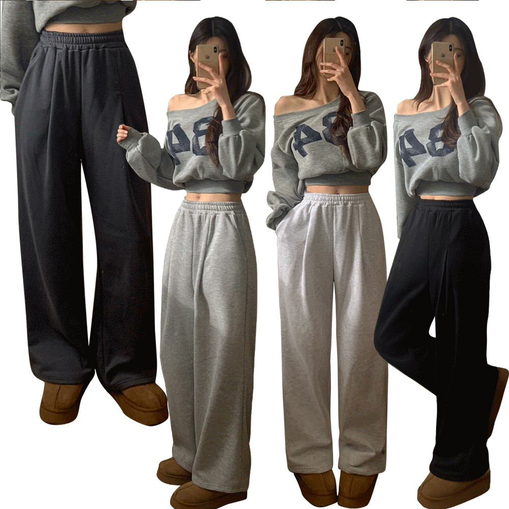 워너비뮤즈 무배🚀 11🔥기모 ️숏and롱 원턱 와이드 트레이닝 팬츠 바지 츄리닝 하이웨스트 밴딩 스트링 포켓 기모바지 롱팬츠 오버핏 겨울 데일리룩 4col