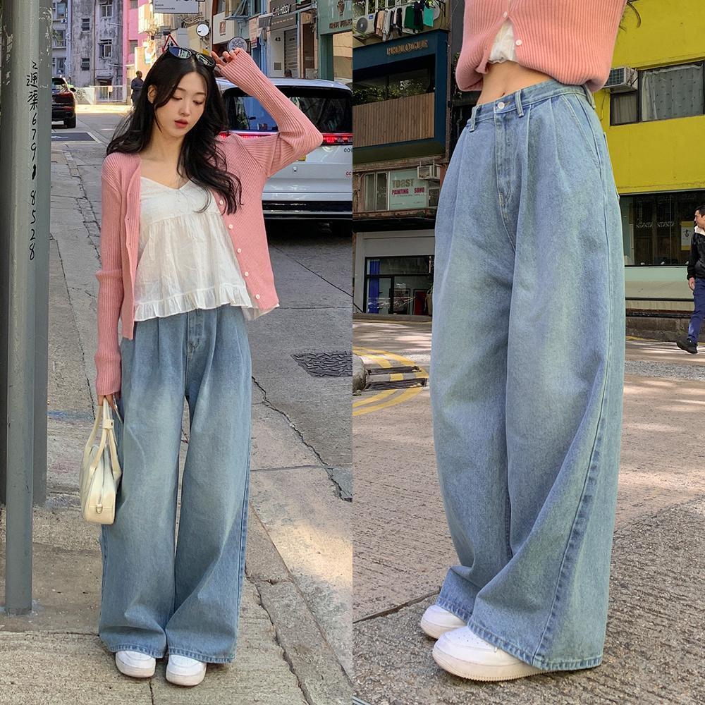 워너비뮤즈 무배🚀 전직원소장🔥연청추가🌸 Made 로우웨스트 오버핏 롱 와이드 코튼 데님 핀턱 팬츠 로우라이즈 일자 면바지 청바지 연청 개강룩 새내기룩 봄 간절기 데일리룩