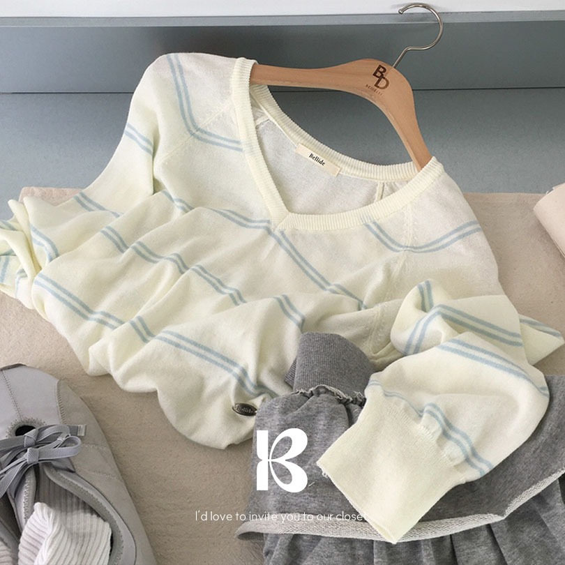 베이델리 [봄신상🌱][MADE/4color]롤리팝 두줄 단가라 브이넥 니트