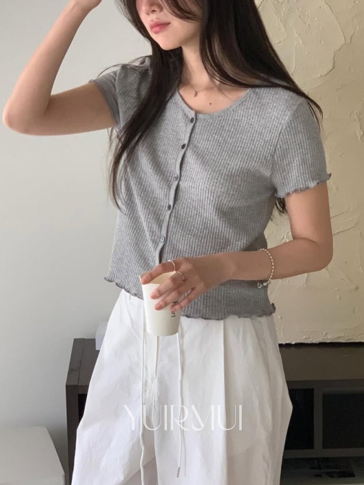 유이르무이 JINSIM 진심 시에나 코튼 모달 골지 프릴 날라리 라운드 반팔 가디건 5color