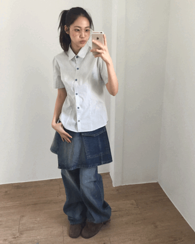 더기 [MD추천]웬디 플레드 하프 블라우스 (2color)