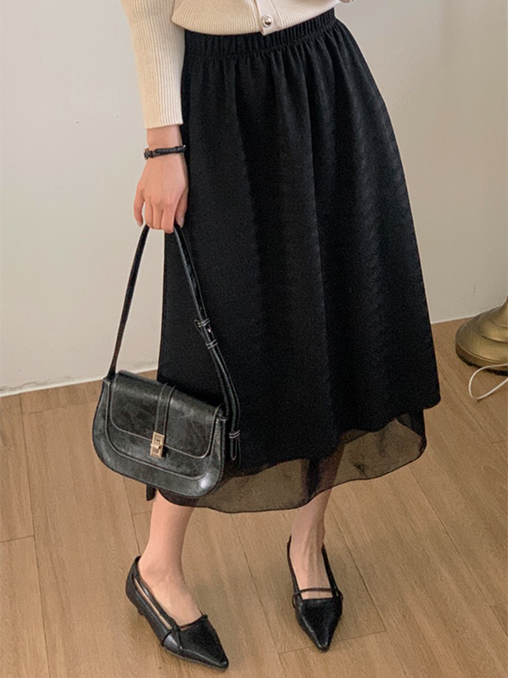 리리앤코 25 34 모니센트 시스루 배색 스트라이프 밴딩 롱 스커트봄가을신상데일리룩트렌디룩데이트룩출근룩하객룩소개팅룩34사이즈빅사이즈밴딩스커트시스루