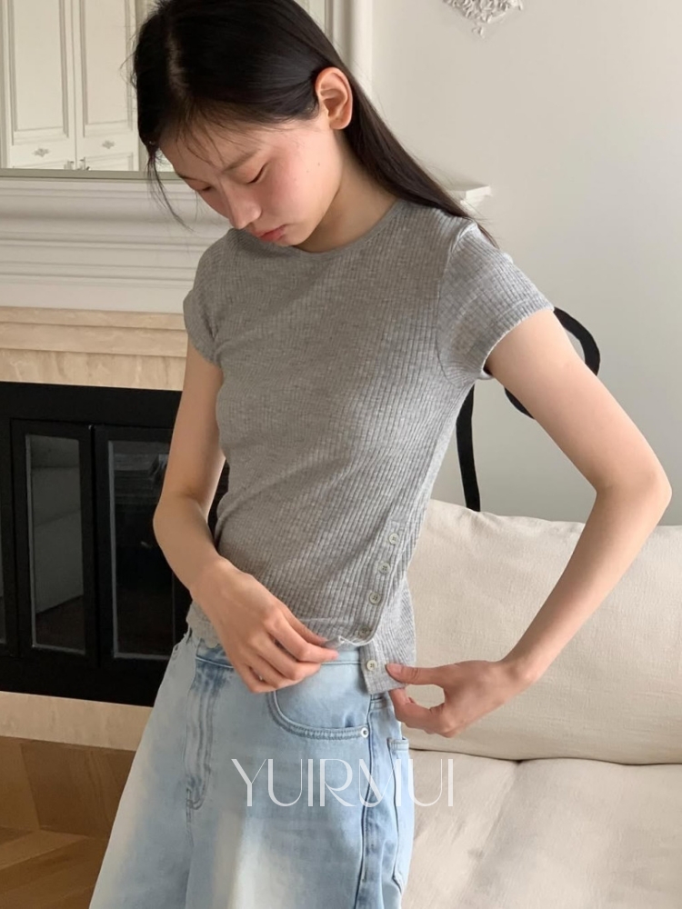 유이르무이 JINSIM 진심 코즈 코튼 모달 골지 버튼 라운드 캡소매 반팔 티셔츠 3color