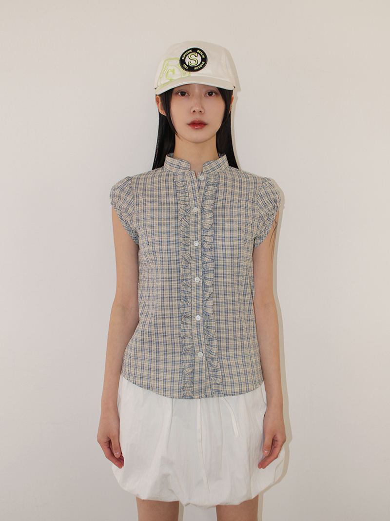 아케 WING FRILL CHECK SH (sora / navy)