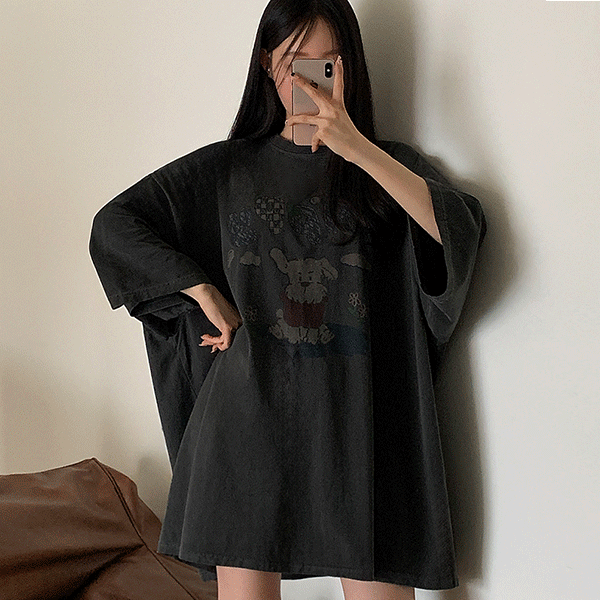 본지샵 [4XL] 로로 퍼피 피그먼트 박시핏 반팔(빅사이즈,남녀공용,귀여운,힙한,스트릿,통통,77-88)[무료배송]