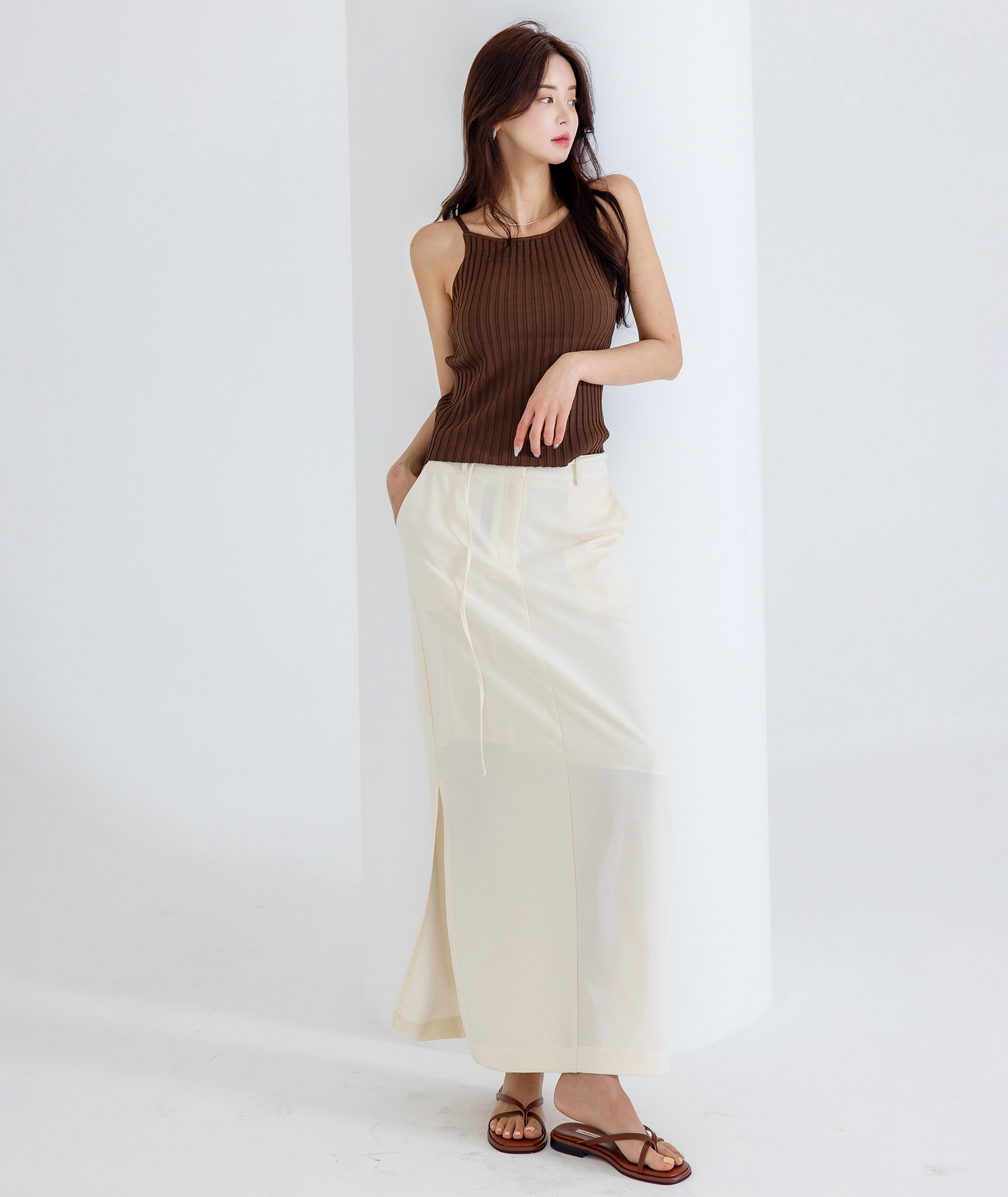 나인그랩 Ciena 양 슬릿 스판 린넨 맥시 롱 스커트 (2color,S.M) -벨트세트