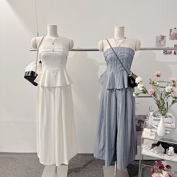 이프유마인 탑팬츠set페미닌 여름 올슨 린넨 단가라 스트라이프 배색 셔링 프릴 튜브탑 슬립 뷔스티에 크롭 나시 블라우스 밴딩 하이웨스트 핀턱 와이드 슬랙스 팬츠