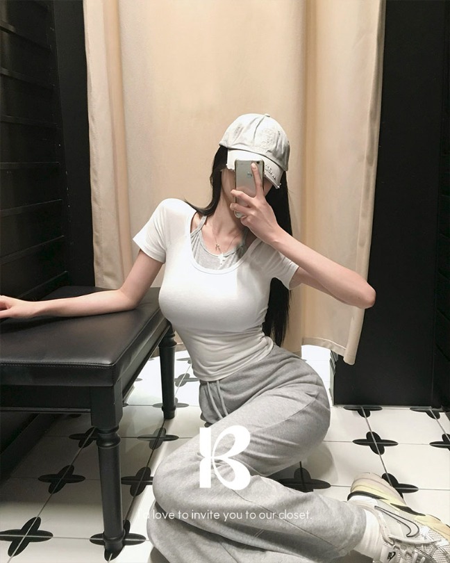 베이델리 [SEASON OFF][당일출고][MADE/4color]일체형 홀터 레이어드 반팔 티셔츠