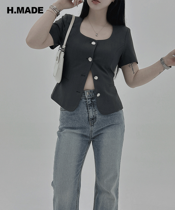 하비언니 MADE #13445 [2사이즈] 허리잘록 하객룩 스퀘어넥 슬림핏 라인 반팔 자켓 : 4color