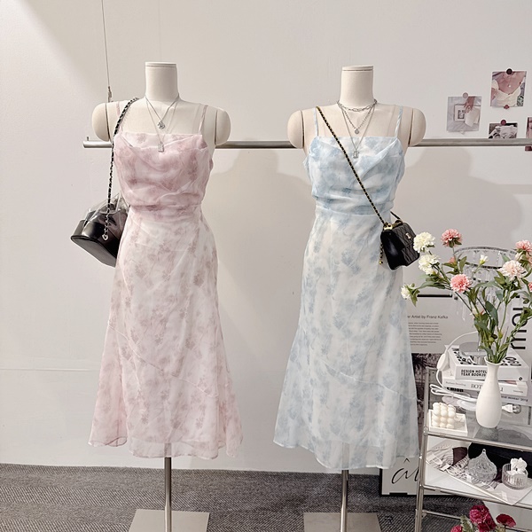 이프유마인 페미닌바캉스룩 여름 신비 쉬폰 시스루 실키 새틴 마블 타이다이 배색 플라워 나염 언발 사선 셔링 프릴 주름 드레이프 스퀘어넥 A라인 플레어 슬립 뷔스티에