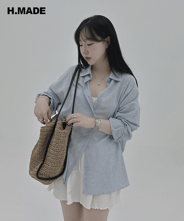 하비언니 MADE #13478 여리여리 스트라이프&체크 오버핏 살안타템 긴팔 셔츠 : 4color