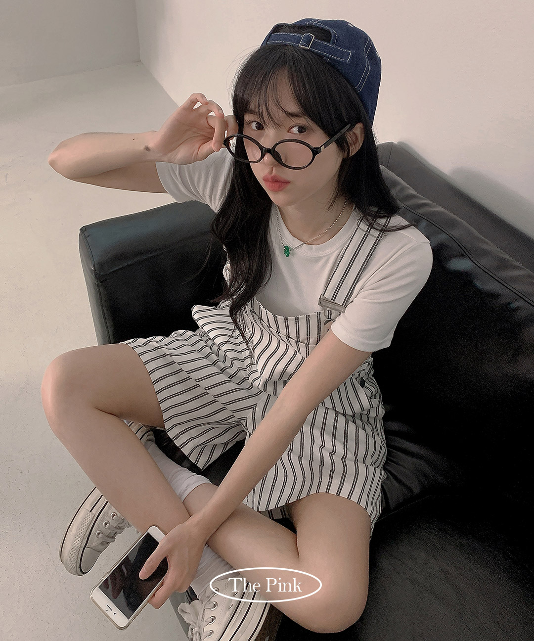 더핑크 [1분코디/하이틴!] 카코 포켓 스트라이프 오버롤 멜빵 반바지 팬츠 세트 (2color)