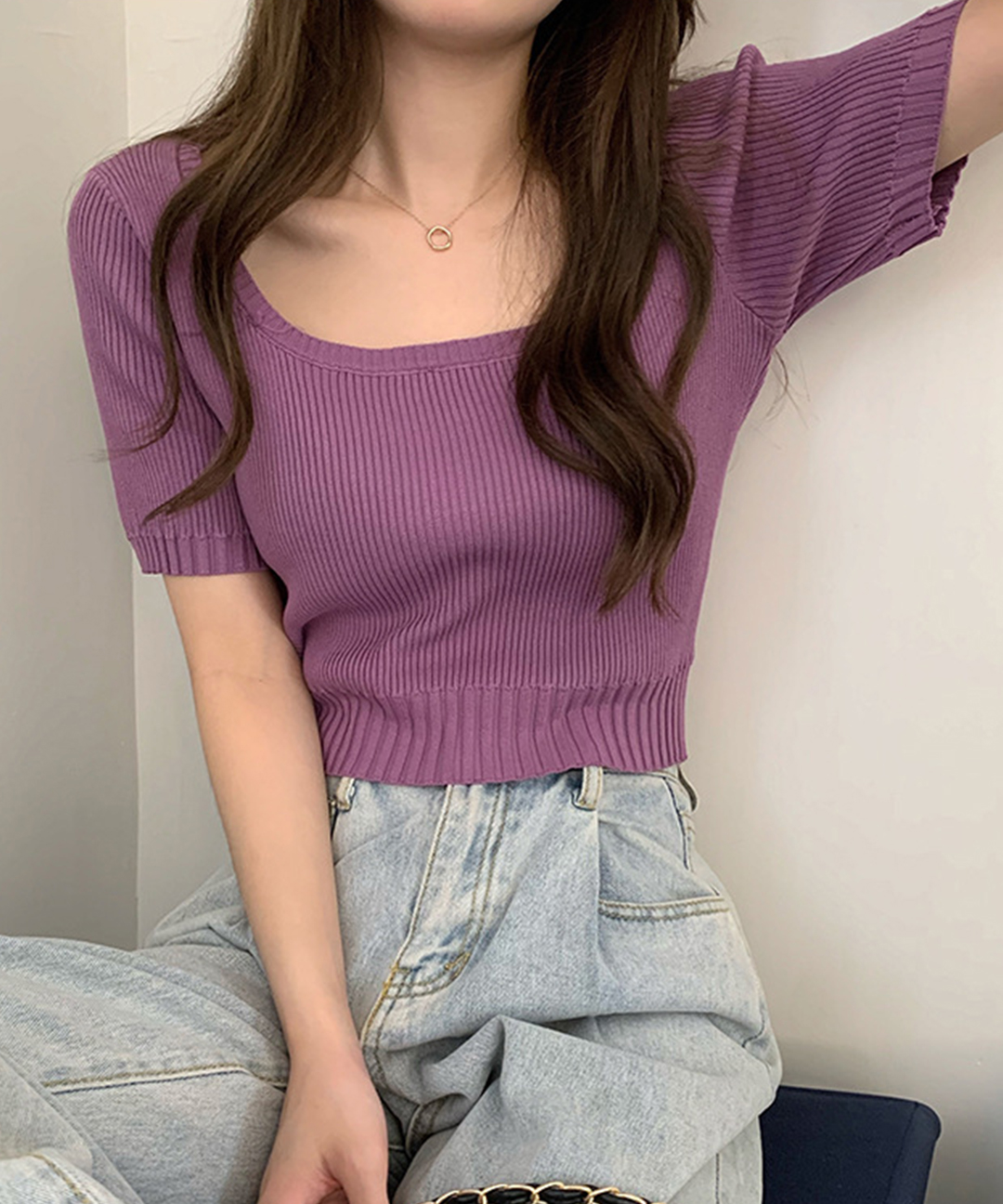 어반라인 크롭 스퀘어넥 골지 니트티 (tee) - 4color