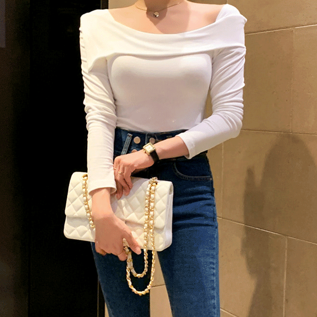 2컬러 스퀘어넥 티셔츠 오프숄더 긴팔 스판 쫀쫀 니트 데일리 퍼프 골지 벌룬 퍼프 셔링 프릴 레이스 리본 유넥 스퀘어넥 브이넥 카라 단추 밴딩 롤업 반팔 가을 겨울 랑쭌 티셔츠