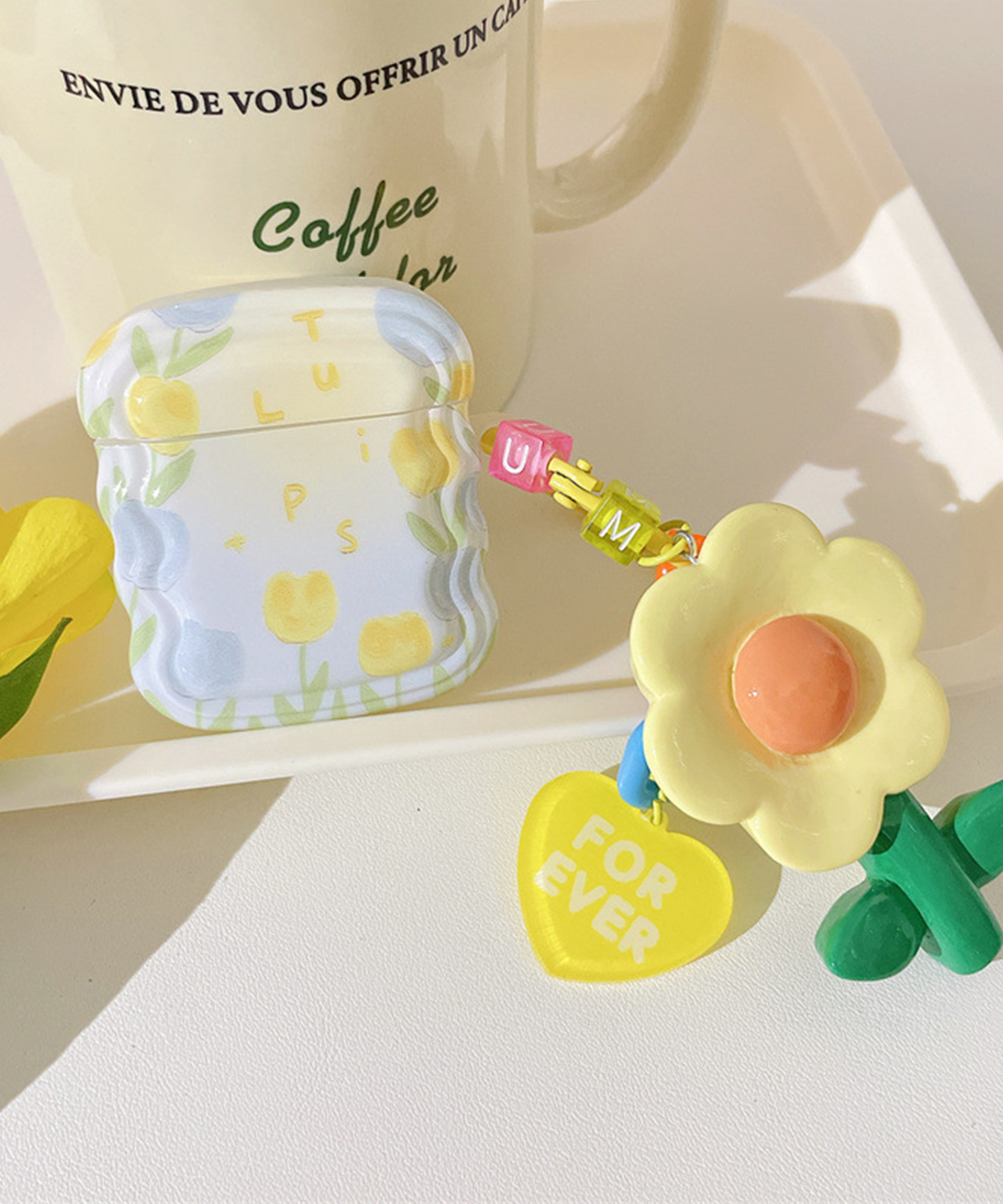 핑크리어카 에어팟 옐로 튤립 플라워 키링 젤리 실리콘 유니크 키치 힙 하이틴 귀여운 심플 특이한 커플 우정 친구 선물 이어폰 애플 케이스 에어팟케이스 1세대 2세대 프로 3세대