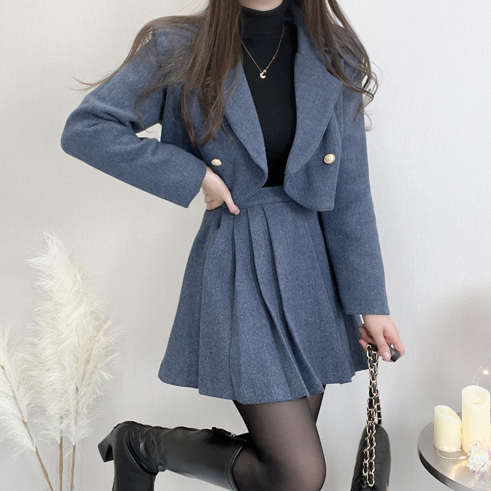 조이어블 울10셋업set누빔안감 플레어 A라인 플리츠 스커트 카라 금장 원버튼 라운드 숏 자켓 모직 울 원피스 셋업 세트