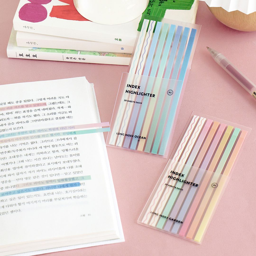인덱스 롱 하이라이터 2colors 북마크 책갈피 독서 형광펜 플래그 스티커 다꾸 다이어리 꾸미기 데코 떡메모지 점착 접착