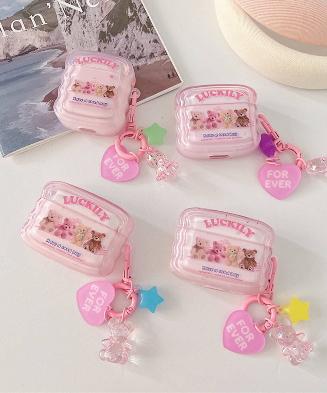 핑크리어카 에어팟 핑크 곰돌이 곰인형 투명 하트 키링 젤리 실리콘 유니크 키치 힙 하이틴 귀여운 심플 특이한 커플 우정 친구 선물 이어폰 애플 케이스 에어팟케이스 1세대 2