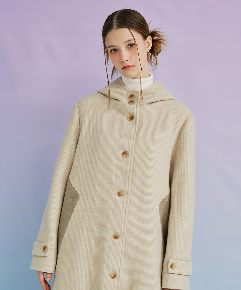 포스티 - Similar Two Tone Hood Wool Coat ( Beige )
