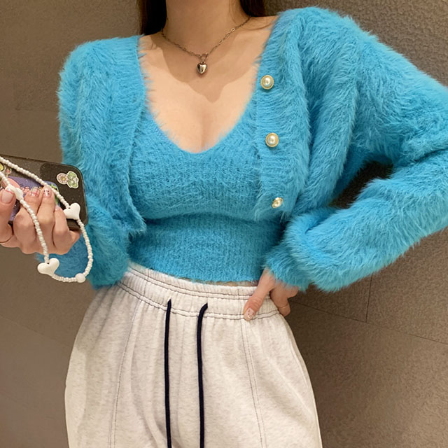 다미님 Set5컬러 앙고라 투피스 세트 크롭 나시 가디건 브이넥 단추 뷔스티에 끈나시 탱크탑 섹시 무지 트위드 결혼식 하객룩 연말룩 기모 겨울 볼레로 니트 코디 워머 울