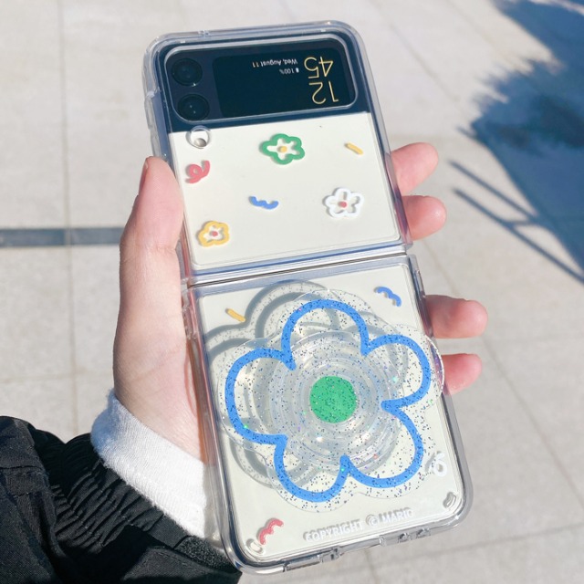 글리터톡z플립젤리 미니꽃 삼성 갤럭시 Z플립4 3 2 1 지플립 제트플립 링 케이스 폰케이스 클리어 젤리 하드 커플 스트랩 그립톡