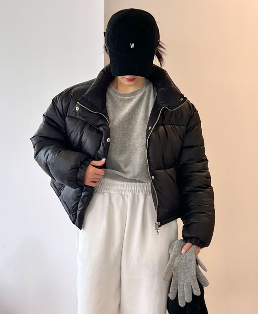 푸딩 스트링 하이넥 숏 패딩 3color 크롭패딩 초록패딩 카키패딩