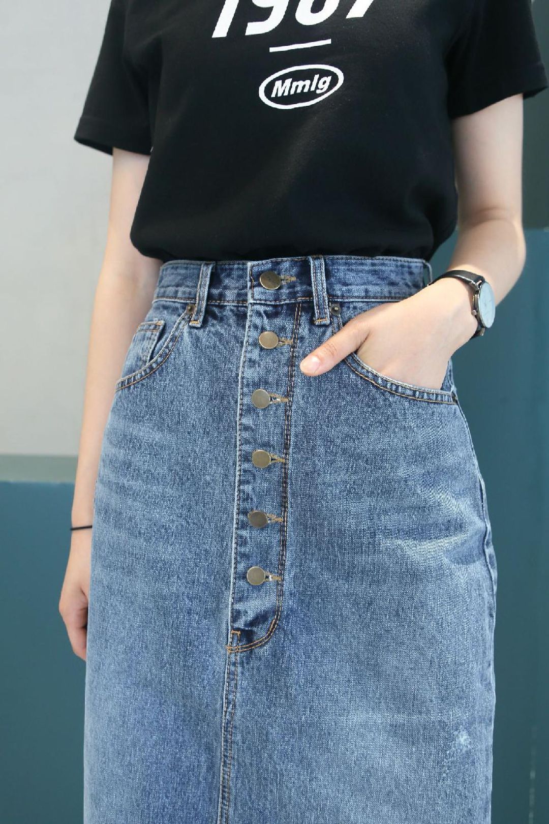 버튼 진청 데님 롱스커트 뒷트임 핏좋은 청치마