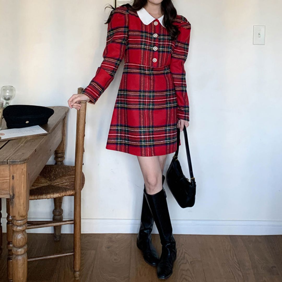 샌디 배색 퍼프 카라 체크 A 라인 미니 원피스 겨울 긴팔 하객 크리스마스 연말 레드 그린 코디
