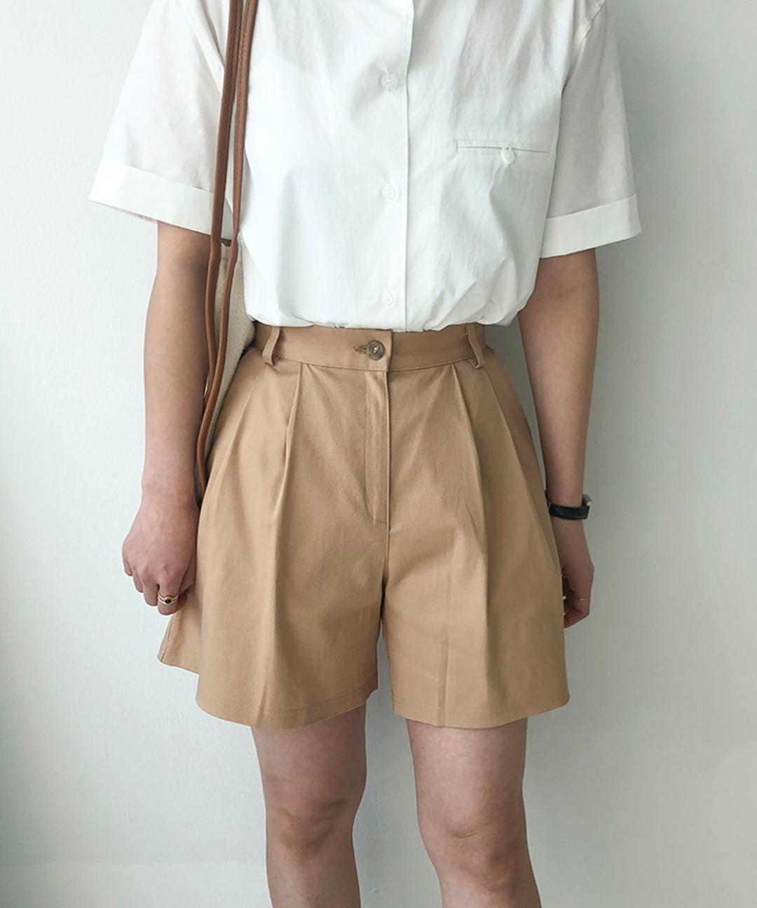 5037 핀턱 코튼 면 4부 하이웨스트 A라인 와이드 버뮤다 팬츠 숏 반바지 3컬러 내추럴 베이지 블랙 여자 데일리 하프 여름 바지