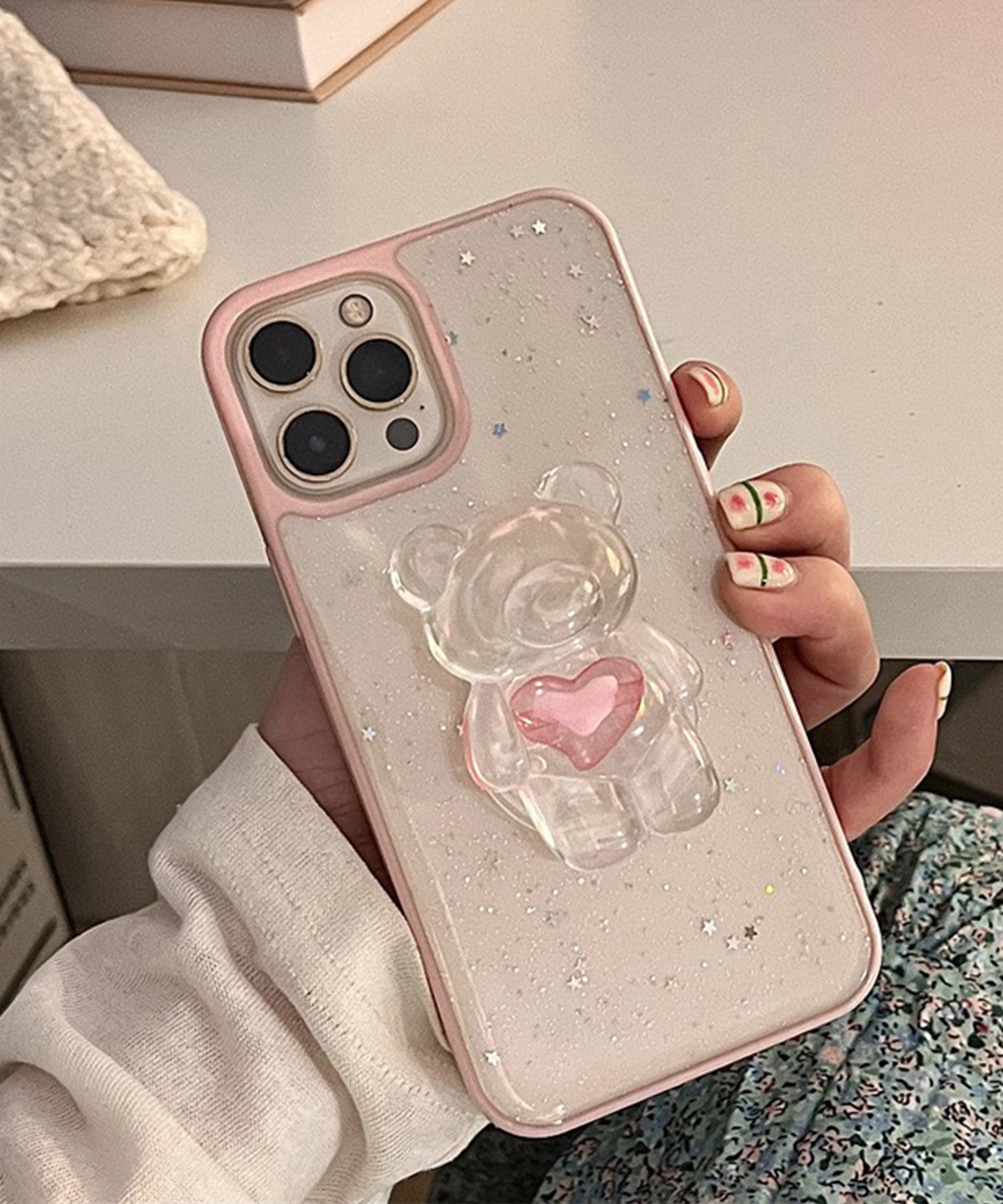 핑크리어카 핑크 하트 심장 곰돌이 스마트톡 아이폰 투명 범퍼 실리콘 젤리 글리터 핸드폰 휴대폰 애플 폰 우정 선물 귀여운 케이스 아이폰케이스 11 프로 12 미니 13 14
