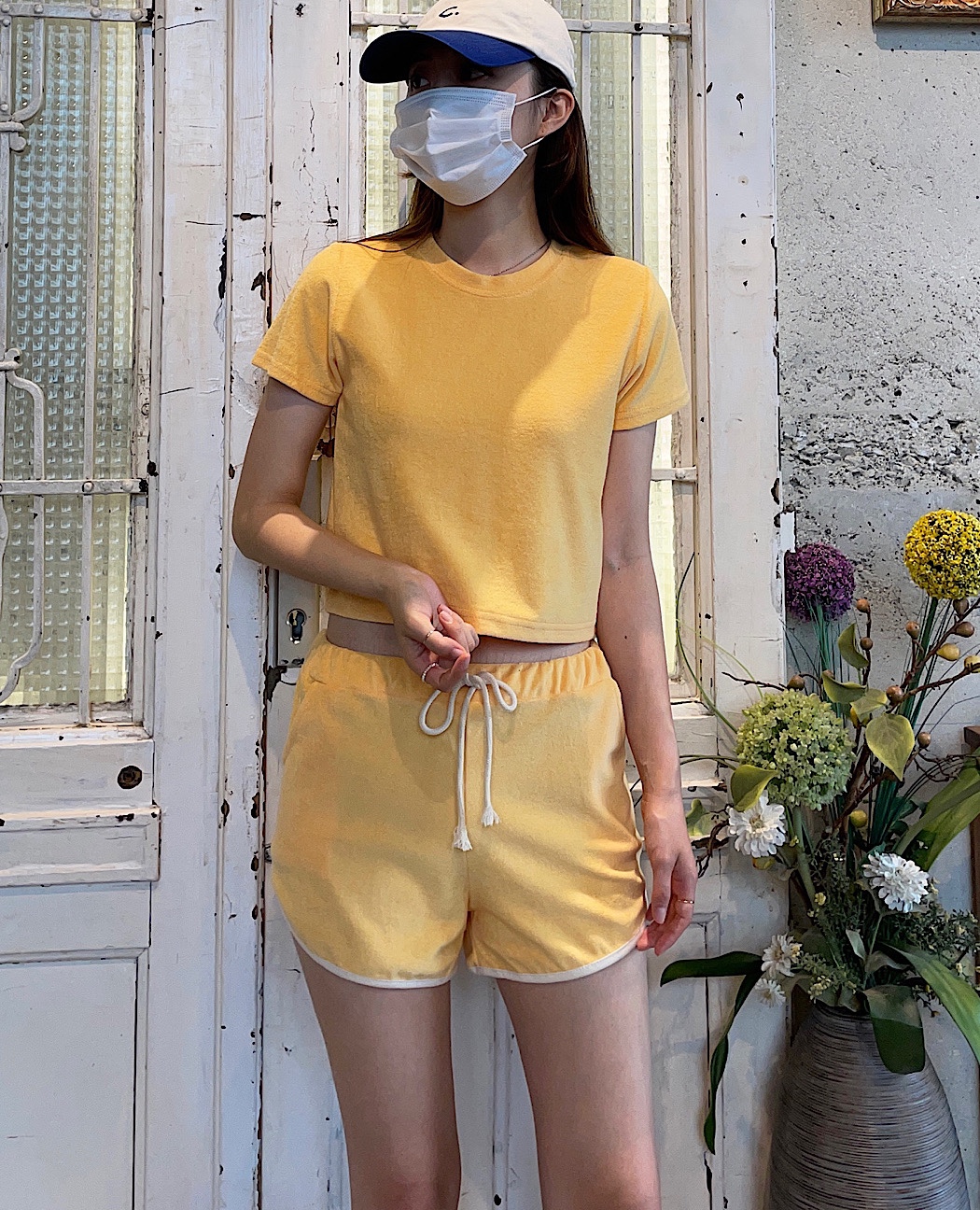 멜로퍼플 비크set ﻿여성 타올 수건 트레이닝세트 신축성 폴리 크롭 반팔티 숏팬츠 반바지 쇼트(4col)