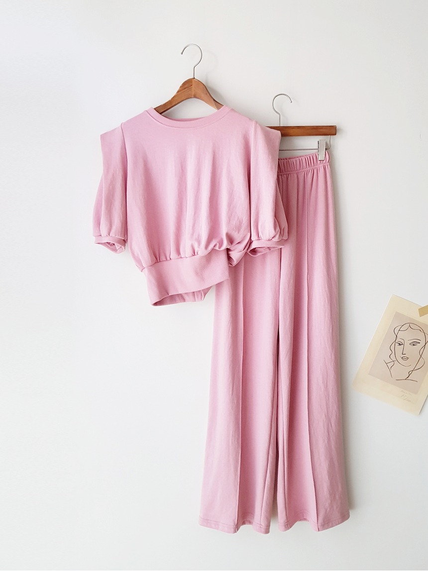 리케마켓 러블리set 사랑스러운 볼륨 퍼프소매 잘록 허리밴딩 반팔 미니 탑 티셔츠밴딩 세로핀턱 와이드 일자 롱 팬츠 통바지 상하 투피스 여름 꾸안꾸 데일리 세트