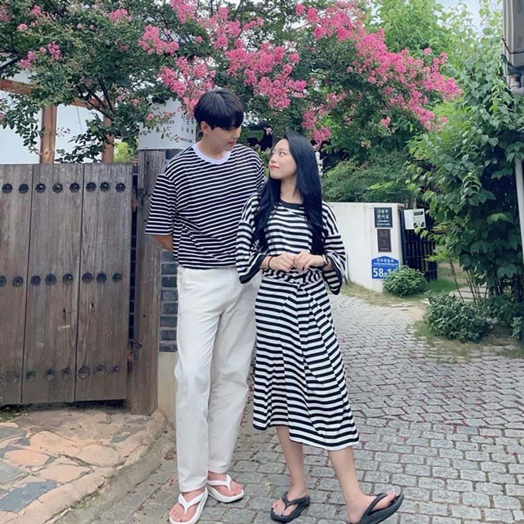 단가라 버튼 롱 원피스 빅사이즈 여름 커플 시밀러룩