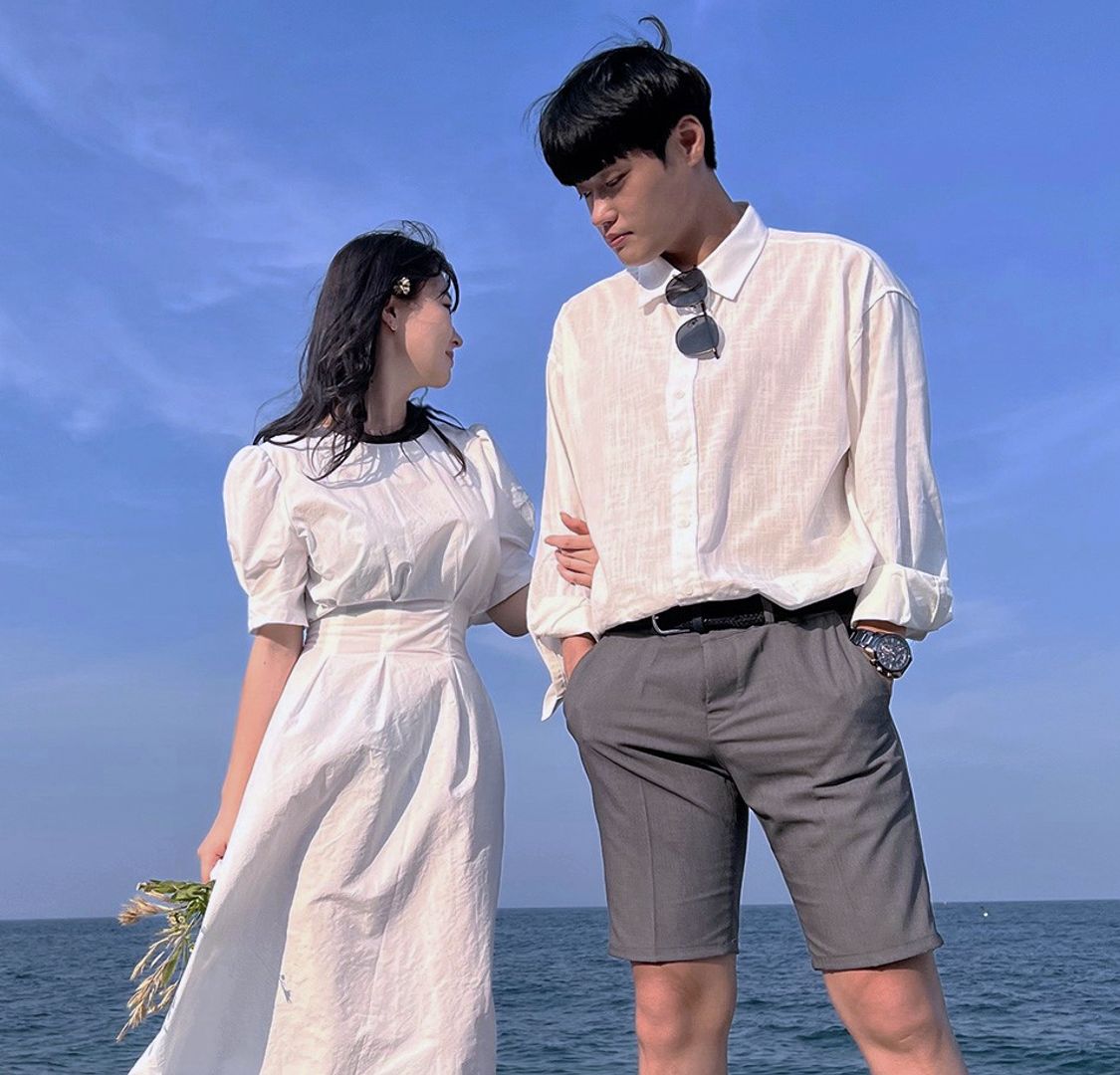 커플 시밀러룩 코튼 롱 원피스 And 남자 쿨 린넨 셔츠 White 제주도 휴양지 바캉스 커플룩