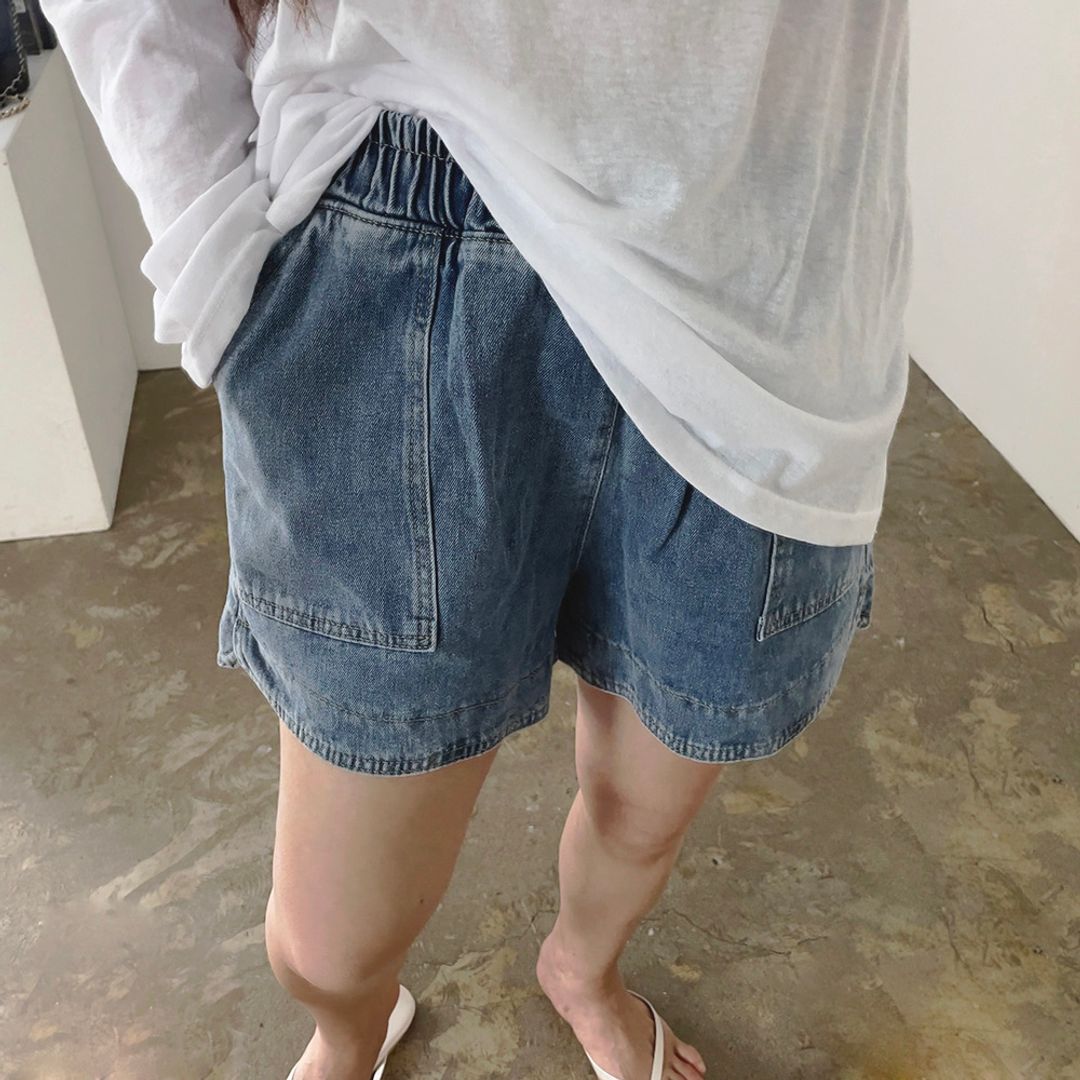 포켓 밴딩 데님 청 반바지 3부 코튼 트임 데일리 여름바지 편한바지 77까지