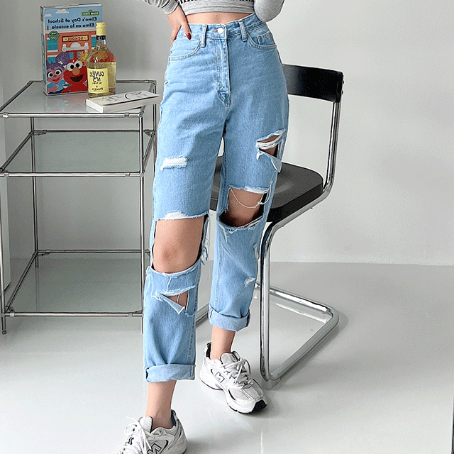Sml 하이웨스트 청바지 데미지 찢어진 구제 롤업 일자핏 와이드핏 팬츠 캐주얼 페미닌 섹시 방송댄스 무대의상 데일리 데님 조거 팬츠 트레이닝 트임 언발 밑단 컷팅 꼬포 바지