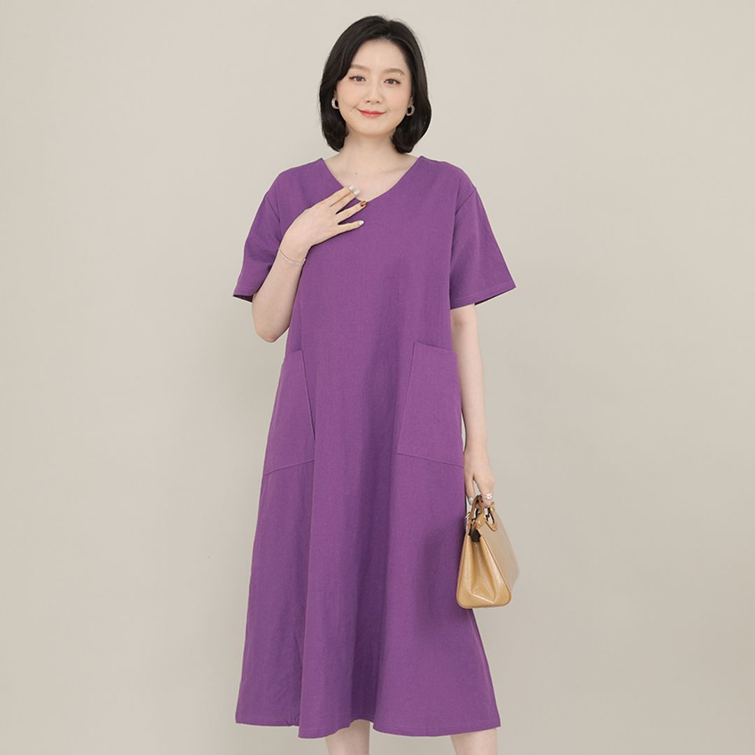 포스티 비비 린넨 루즈핏 브이넥 주머니 여름 반팔 롱 원피스 O07125