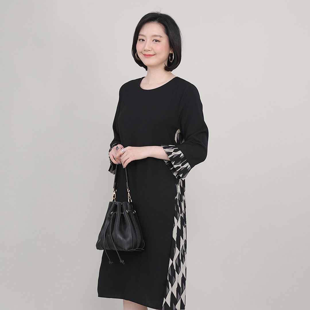 포스티 보끄 플리츠 배색 허리끈 여성 봄 가을 롱 정장 원피스 O02225