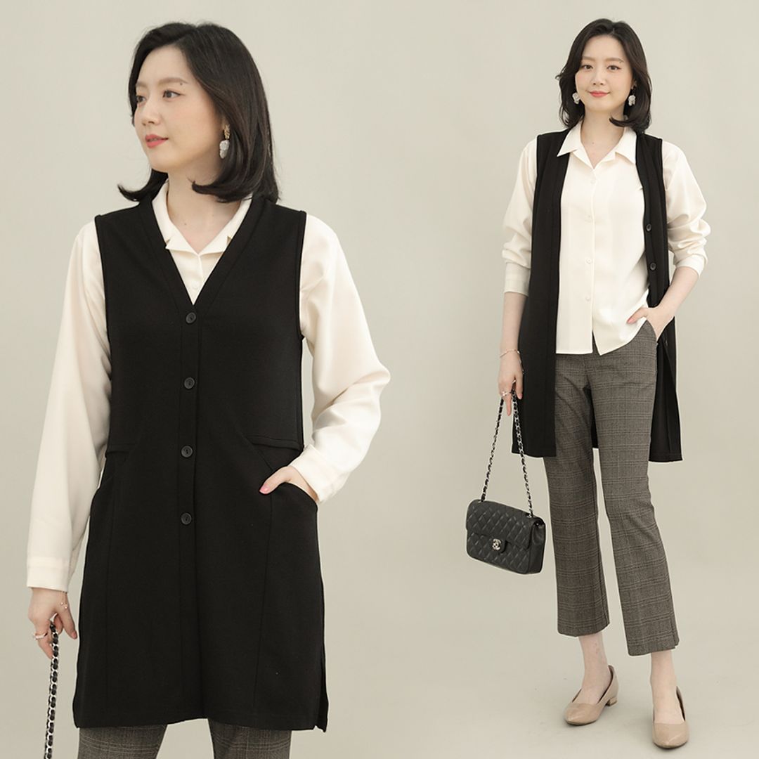포스티 코디 여성 봄 가을 간절기 브이 주머니 하프 롱 조끼 V08154