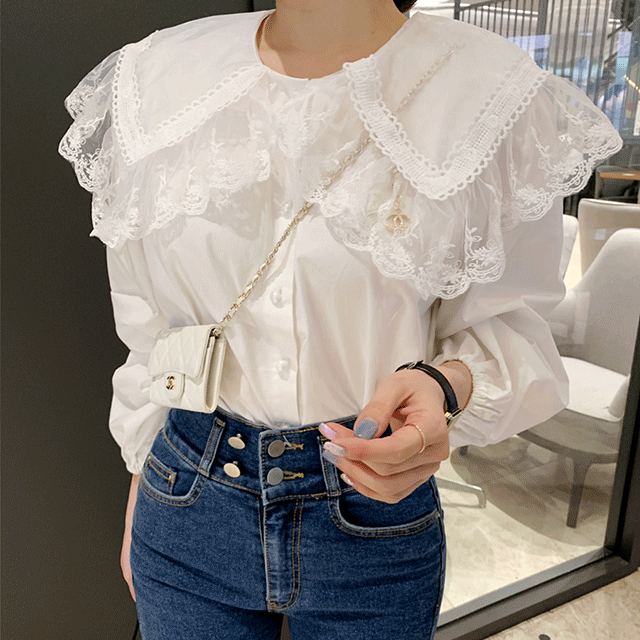2컬러 세라 셔츠 카라 셔링 프릴 벌룬 퍼프 긴팔 블라우스 티셔츠 니트 레이스 결혼식 하객룩 레이스 스트링 스트랩 끈 리본 트임 언발 포인트 유니크 밑단 컷팅 구제 육철 셔츠